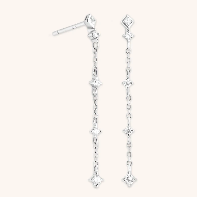 Astrid & Miyu Crystal Chain Drop Studs in Silver | King's Cross