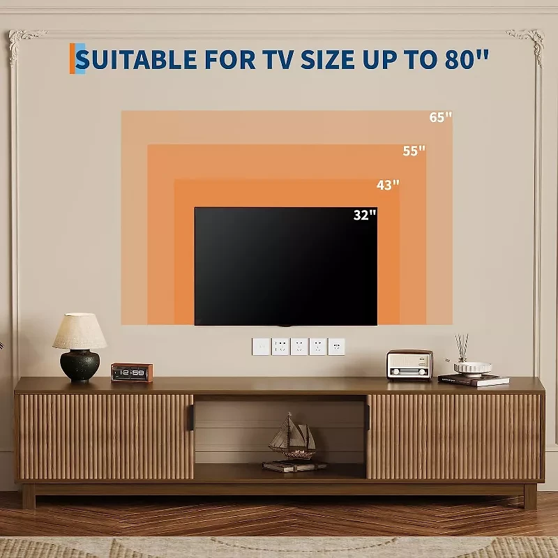 Jojoka 70in Long TV Stand, Fluted Mid Century Modern TV Console Center with Storage Cabinet Up ...