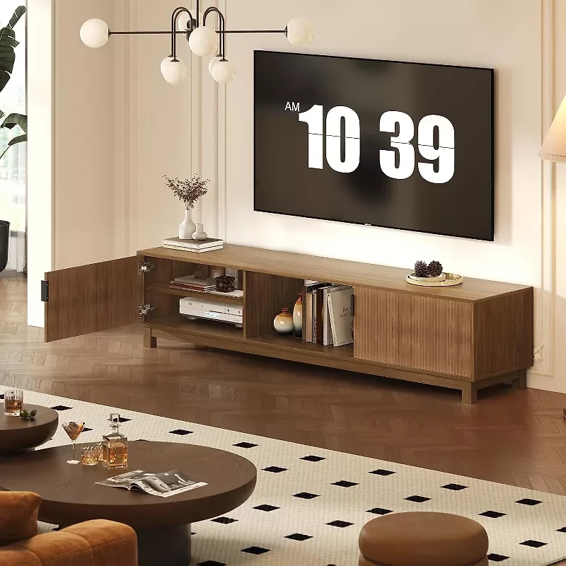 Jojoka 70in Long TV Stand, Fluted Mid Century Modern TV Console Center with Storage Cabinet Up ...