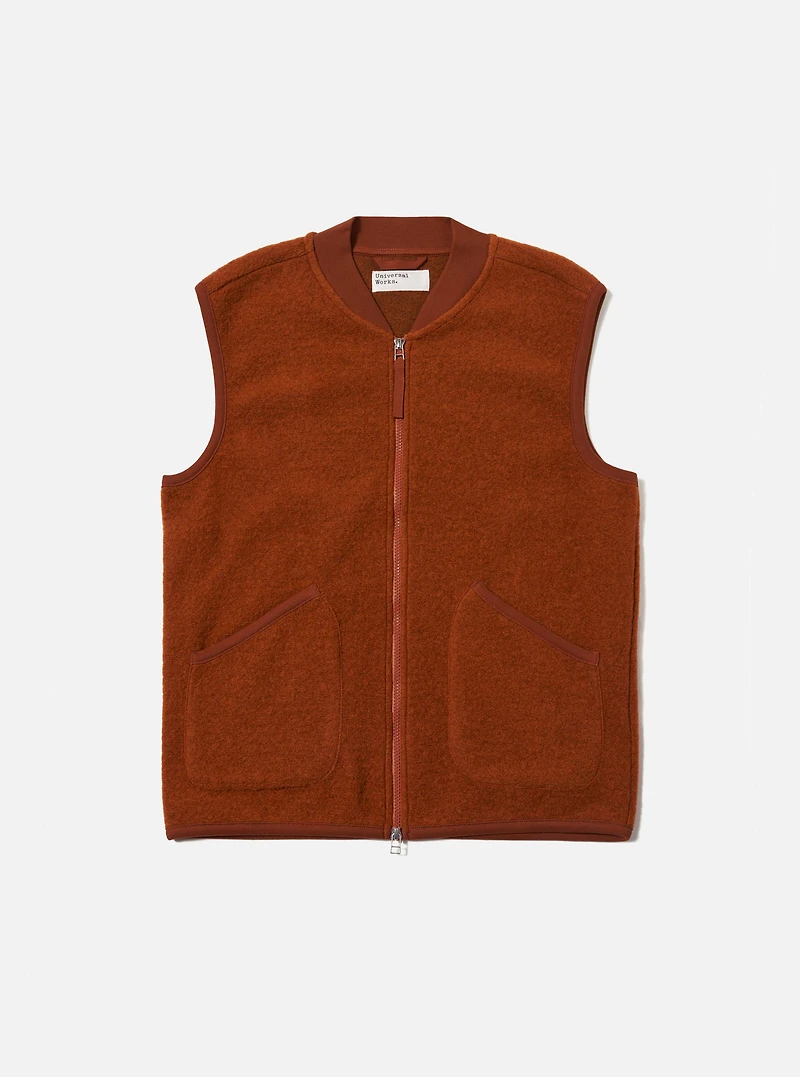 Universal Works Rust Wool Fleece Zip Waistcoat | King's Cross