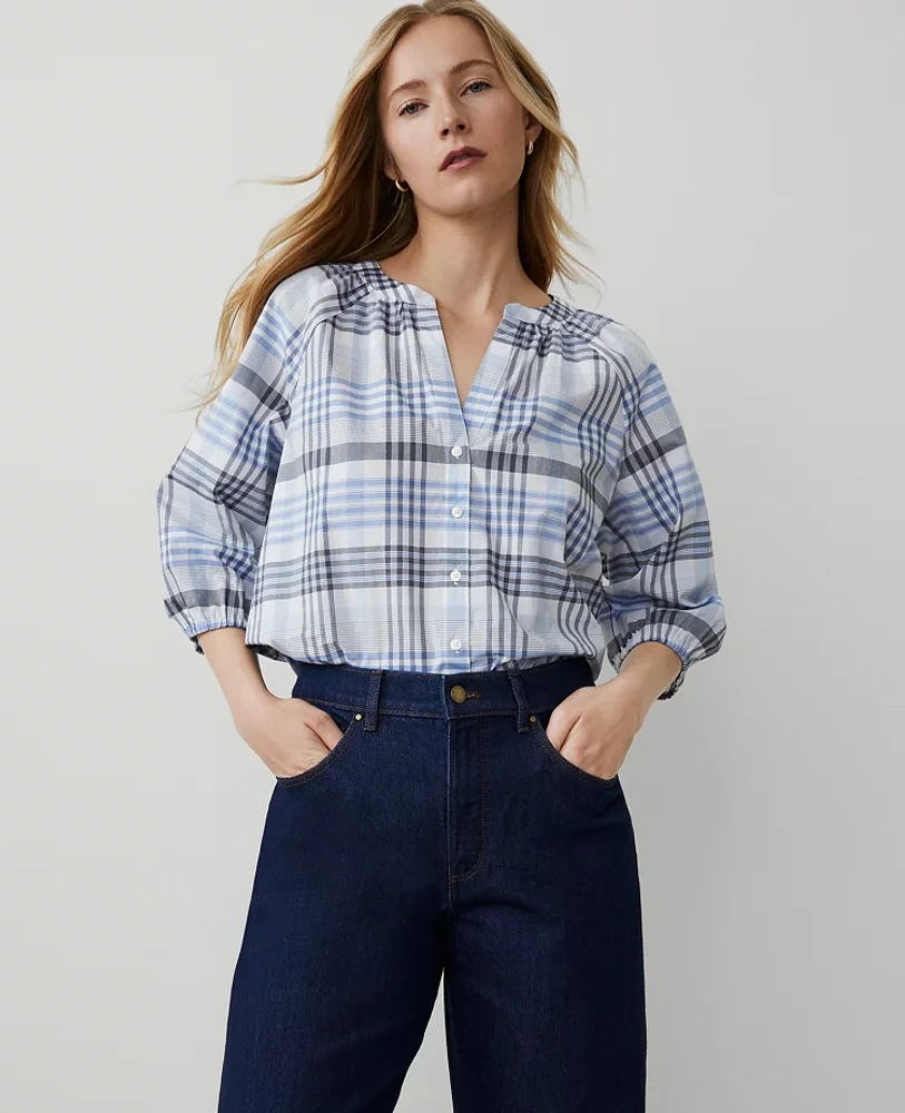 Ann Taylor Weekend Collection Shirred Popover Top Night Sky Women's ...