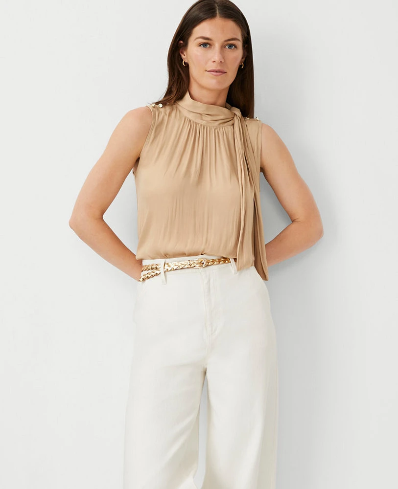 Ann Taylor Petite Asymmetrical Tie Neck Mixed Media Shell Top Baguette Women's | Mall of America®