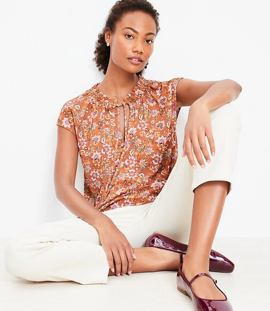 Loft Floral Ruffle Tie Neck Mixed Media Top | Hamilton Place