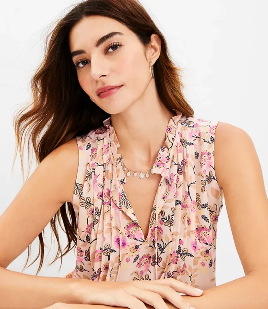 LOFT Floral Pintucked Ruffle Tie Neck Mixed Media Shell | Hamilton Place