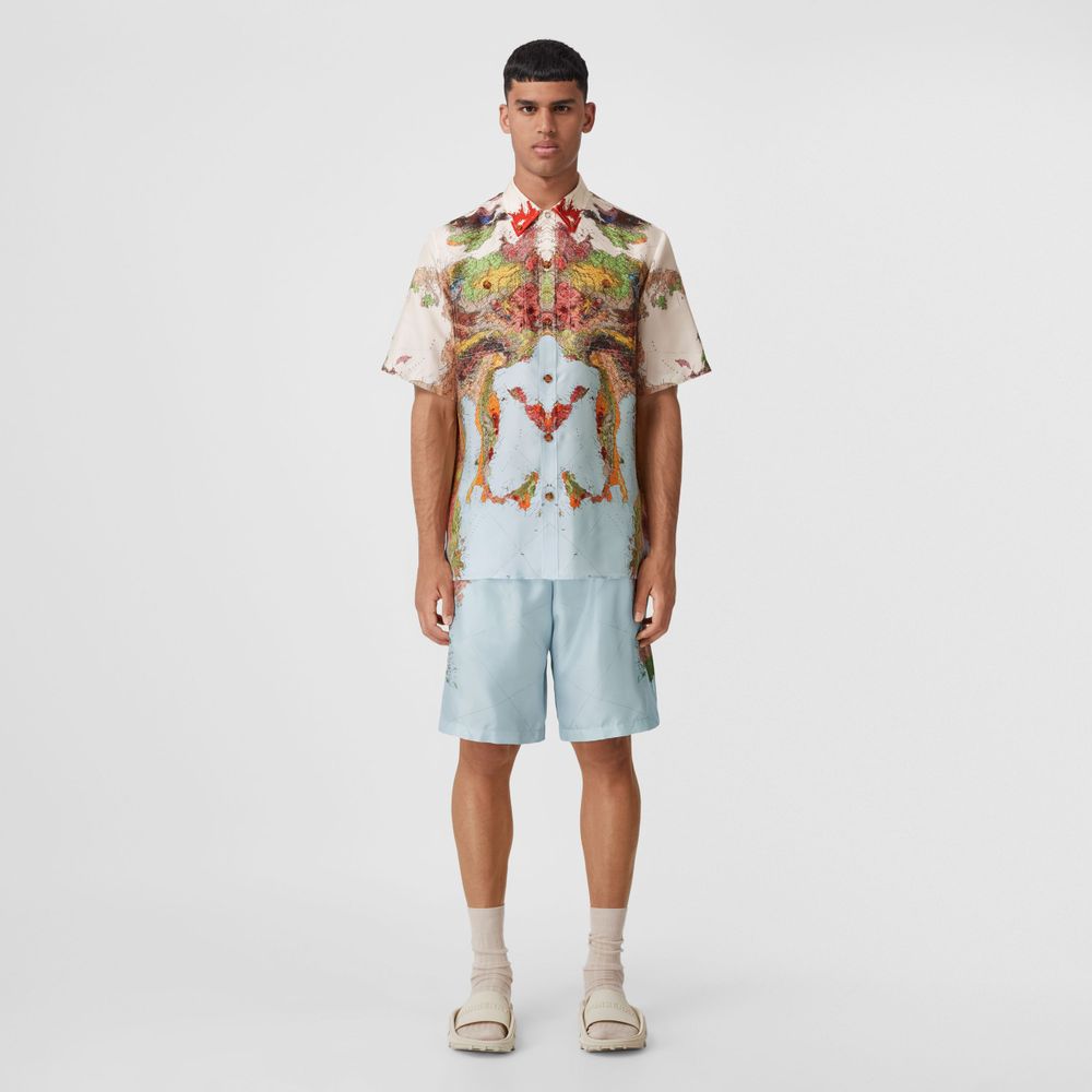 Burberry Short-sleeve Map Print Silk Oversized Shirt Pale Blue - Men ...