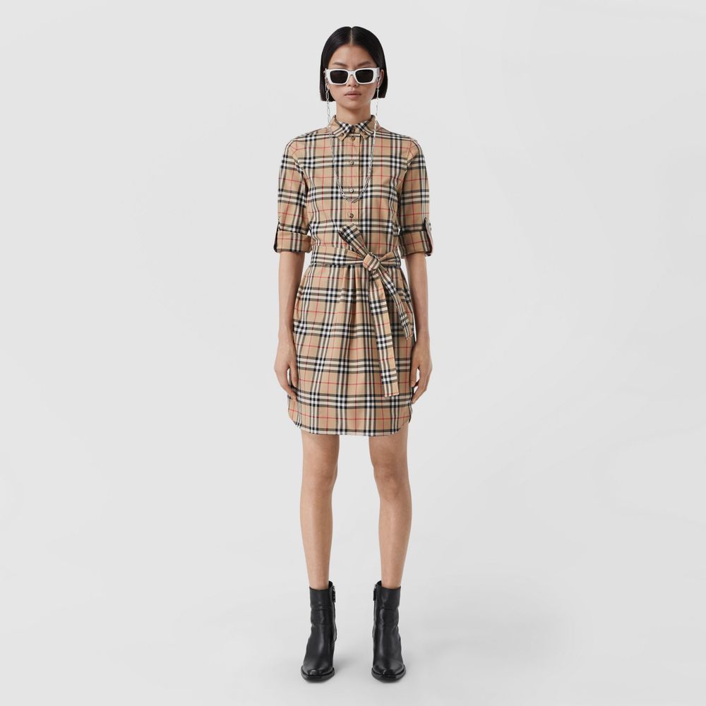 Burberry Vintage Check Stretch Cotton Tie-waist Shirt Dress Archive Beige | Burberry® Official ...