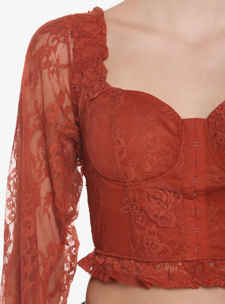 Hot Topic Rust Lace Corset Girls Crop Long-Sleeve Top | Mall of America®