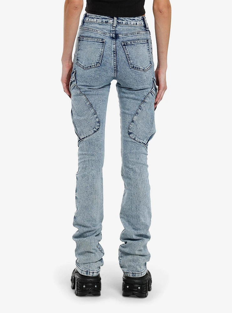 Hot Topic Light Indigo Acid Wash Cargo Stacked Denim Pants | Mall of ...