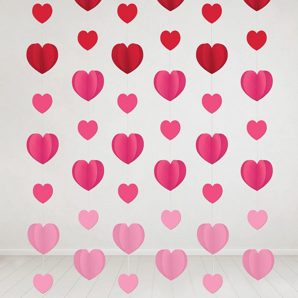 PartyCity Red & Pink Dimensional Heart Paper String Decorations, 7ft ...