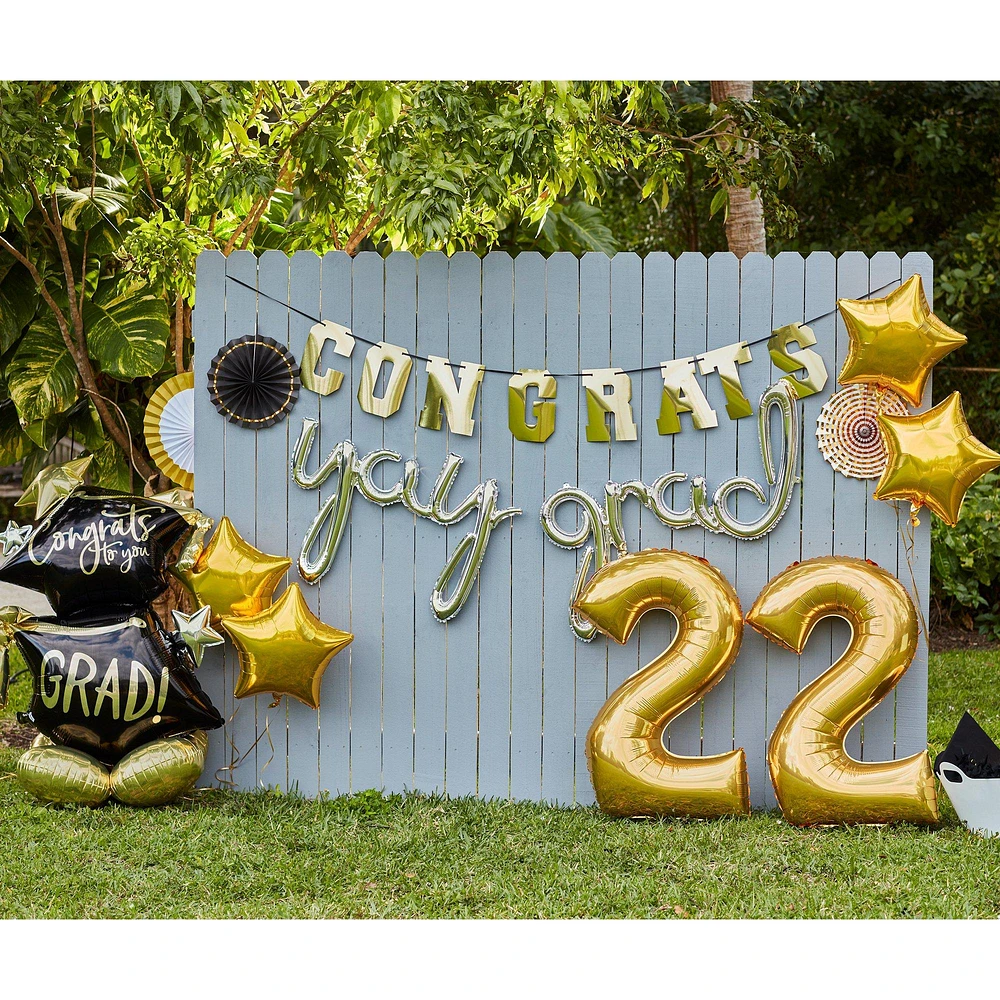 PartyCity Metallic Gold Congrats Cardstock & Ribbon Letter Banner, 12ft ...