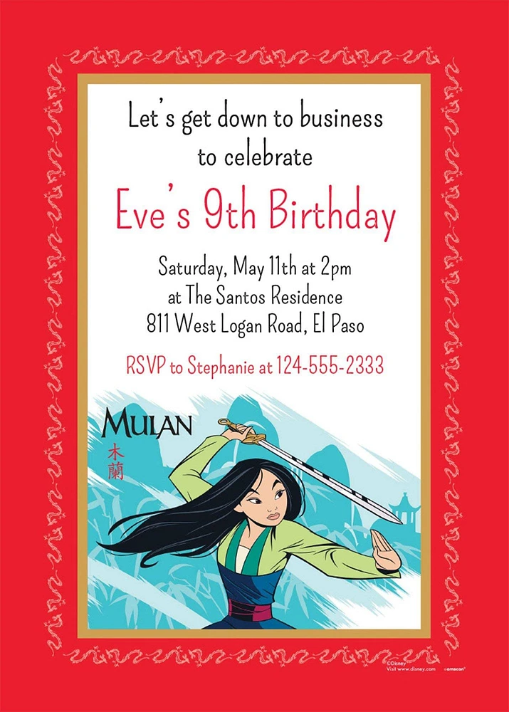PartyCity Custom Mulan Invitations | Hamilton Place