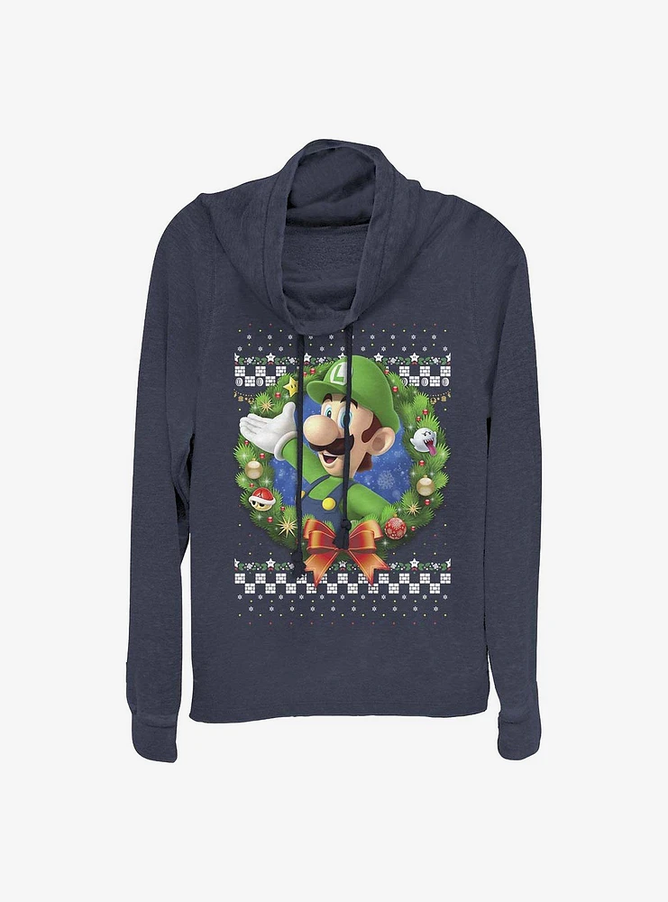 Hot Topic Super Mario Luigi Wreath Holiday Cowl Neck Long-Sleeve Girls ...