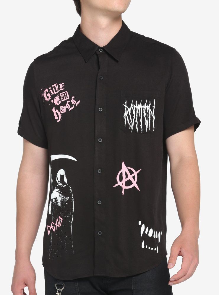 Hot Topic Black & Pink Punk Symbols Woven Button-Up | Mall of America®