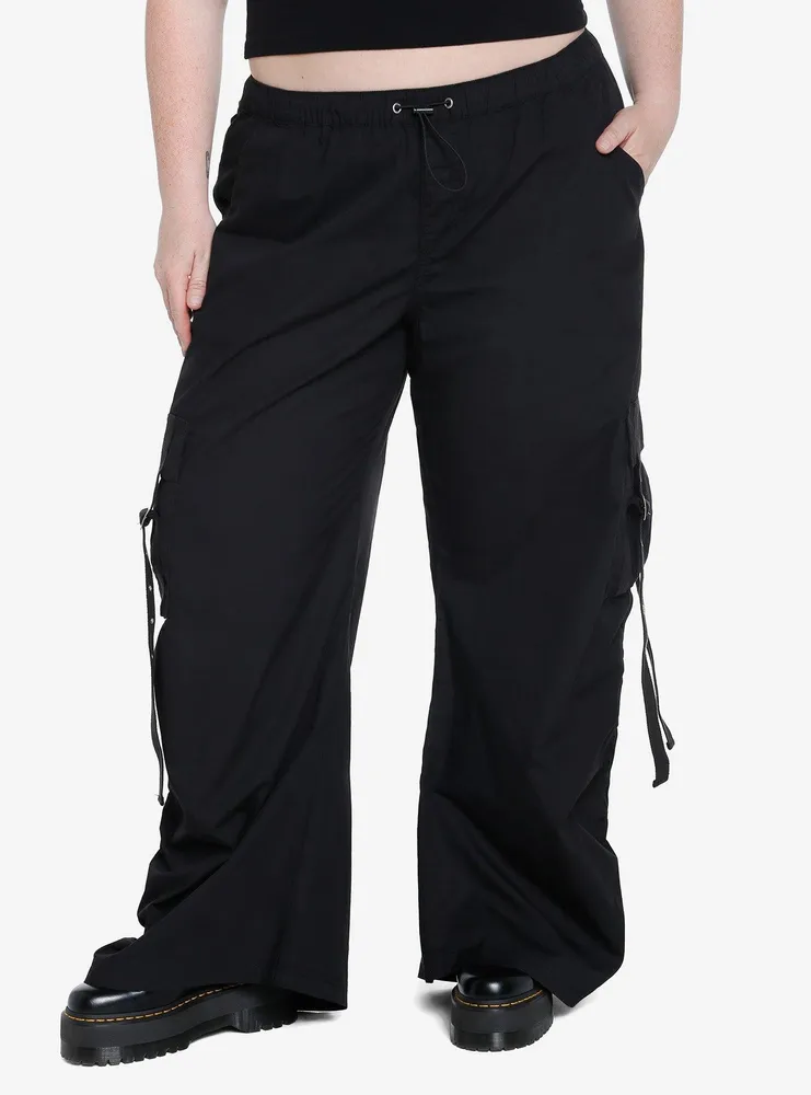 Hot Topic Social Collision Black Grommet Strap Wide Leg Parachute Pants