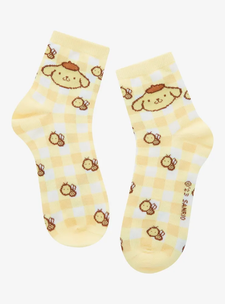 Pompompurin Sanrio Pompompurin Gingham & Bees Quarter Crew Socks ...