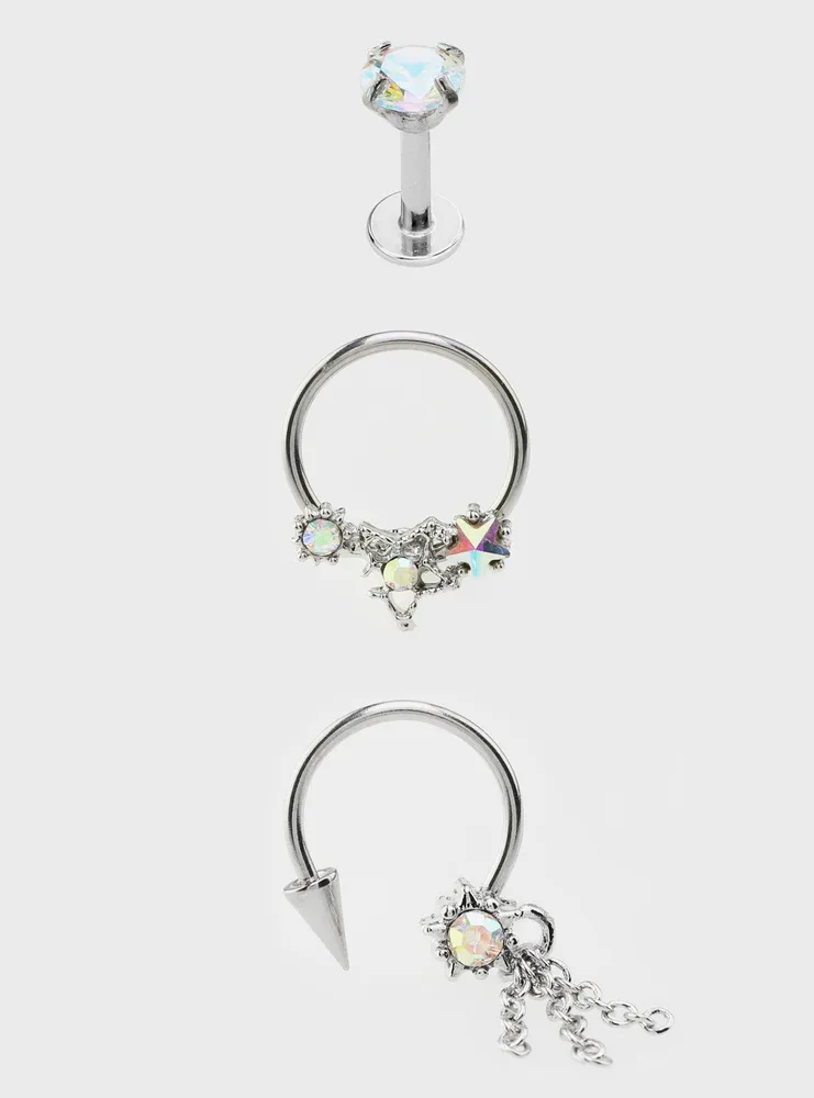 Hot Topic 18G Steel Silver Stars & Gems Labret Stud Spike & Hoop 3 Pack ...
