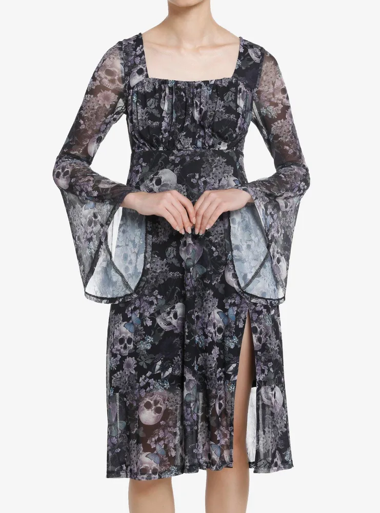 Hot Topic Thorn & Fable Skulls Flowers Mesh Bell Sleeve Midi Dress ...