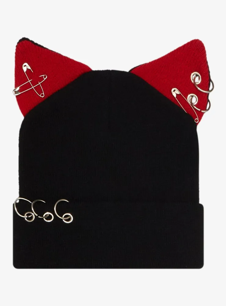 Hot Topic Red & Black Pierced Cat Ears Beanie | Hamilton Place