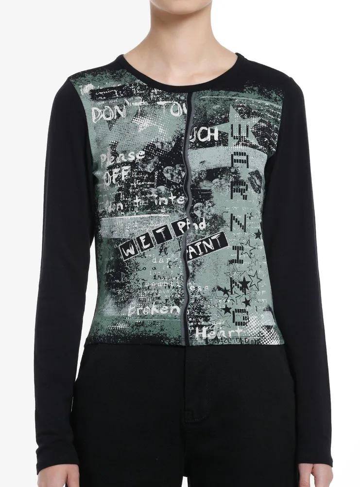 Hot Topic Social Collision Warning Graphic Girls Long Sleeve Top Mall