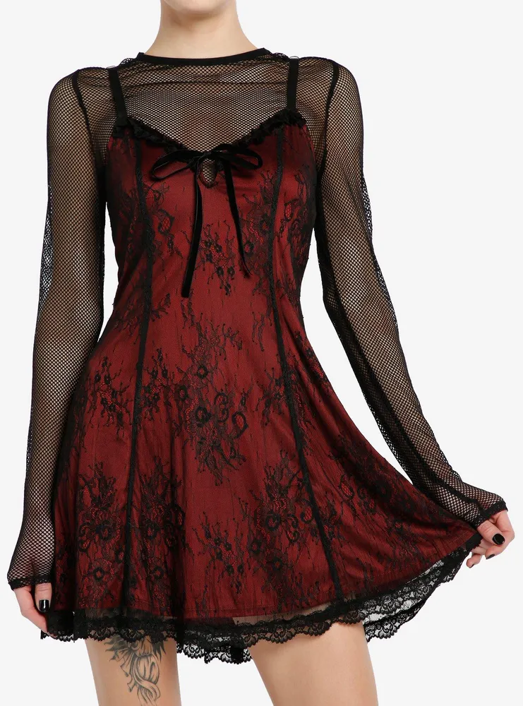 Hot Topic Social Collision Black And Red Lace Twofer Long Sleeve Dress