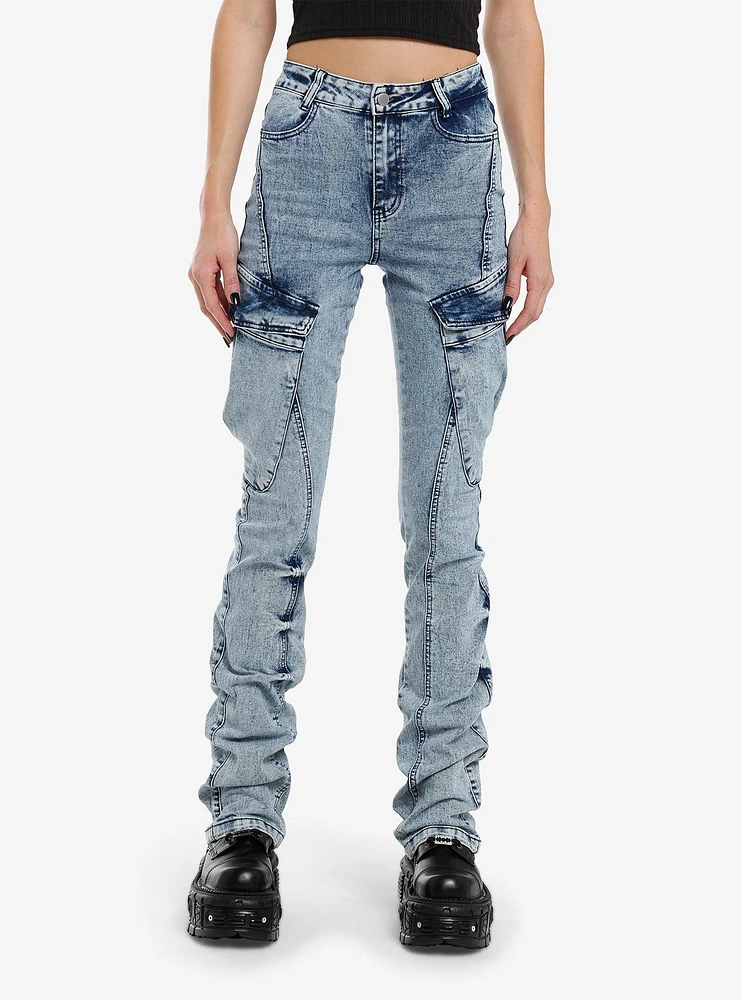 Hot Topic Light Indigo Acid Wash Cargo Stacked Denim Pants | Mall of ...
