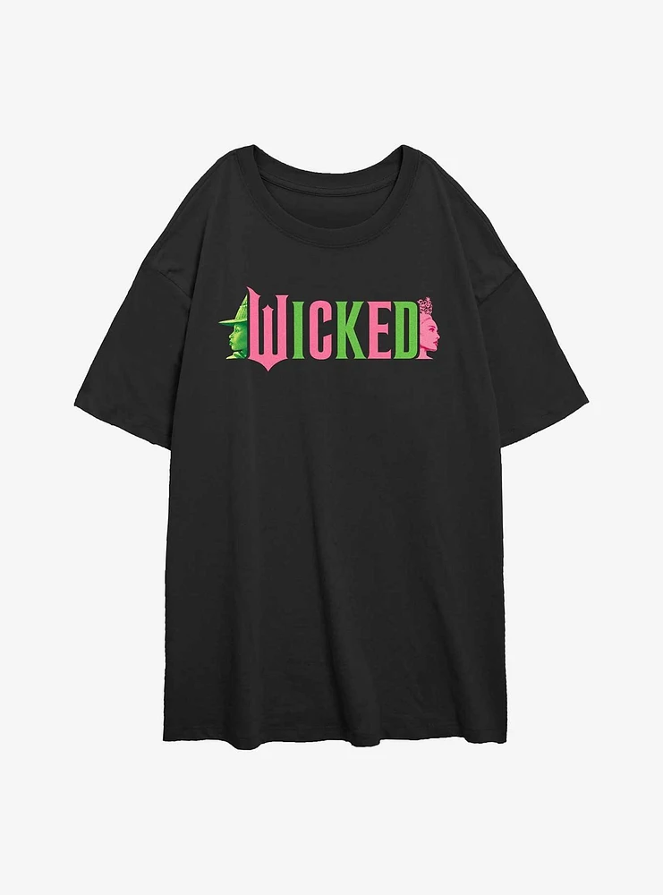 Hot Topic Wicked Elphaba and Glinda Silhouettes Logo Girls Oversized T ...