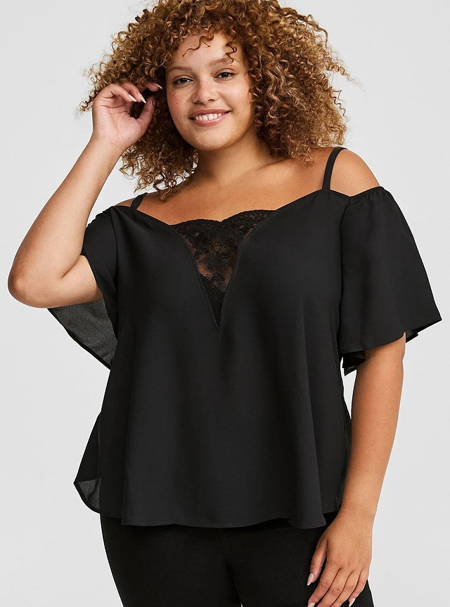 TORRID Georgette Lace Cold Shoulder Flutter Sleeve Top TORRID Georgette Lace Cold Shoulder Flutter Sleeve Top