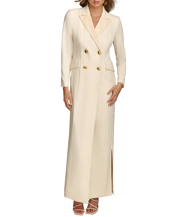 Donna Karan V-Neck Long Sleeve Side Slit Crepe and Satin Long Jacket ...