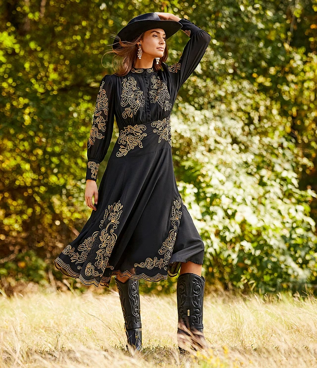 Reba Crepe Embroidered Paisley Band Collar Button Front Long Reba Crepe Embroidered Paisley Band Collar Button Front Long