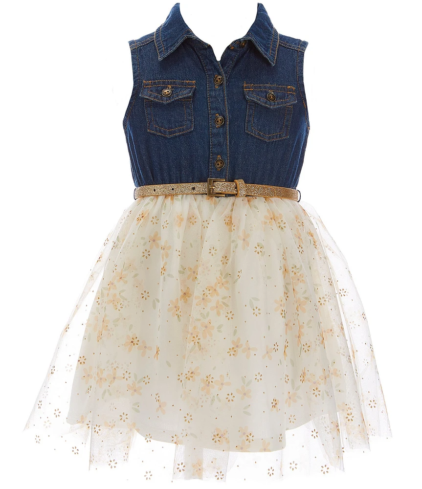 Zunie Little Girls 2T-6X Sleeveless Denim-Bodice/Printed Mesh Skirted ...