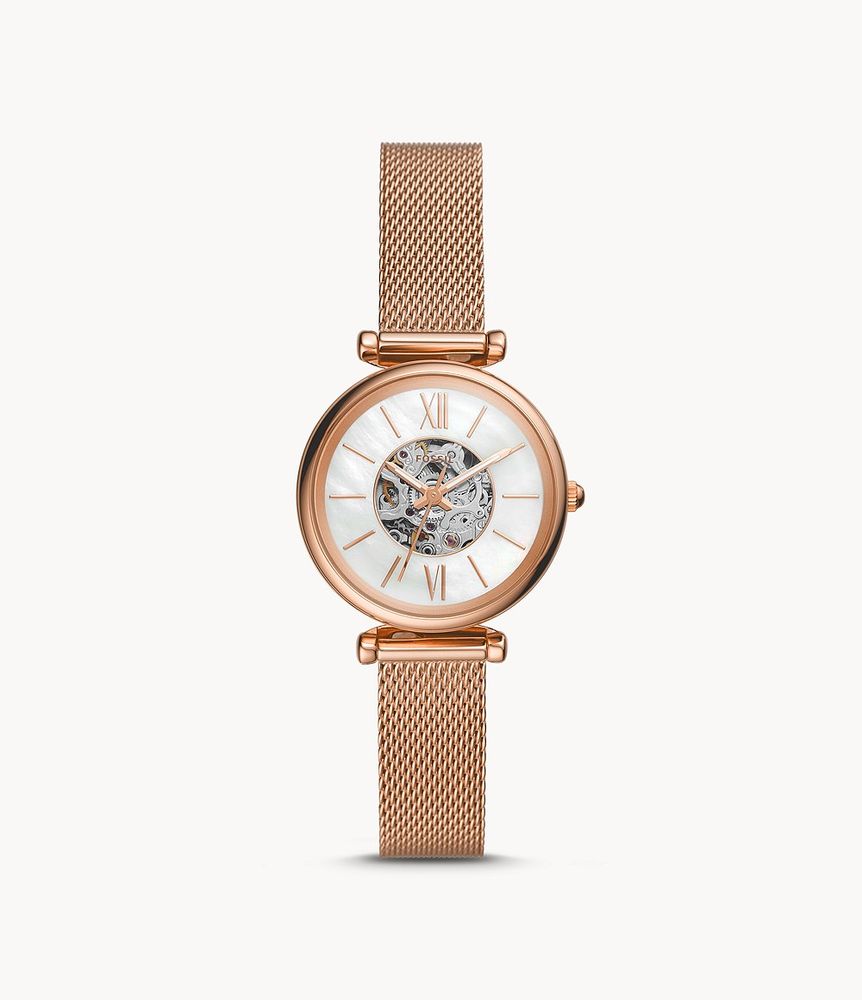 FOSSIL Carlie Mini Automatic Rose Gold-Tone Stainless Steel Mesh Watch ...