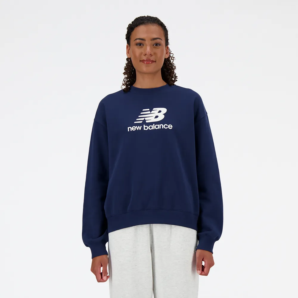 New Balance Womens Sport Essentials French Terry Logo Crew - White/Navy ...