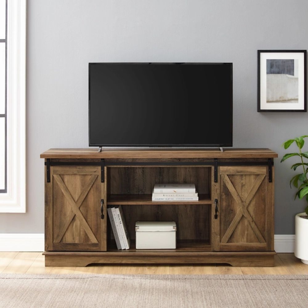 Kirkland's Sliding Barn Door Open Shelf Oak TV Stand | Hamilton Place
