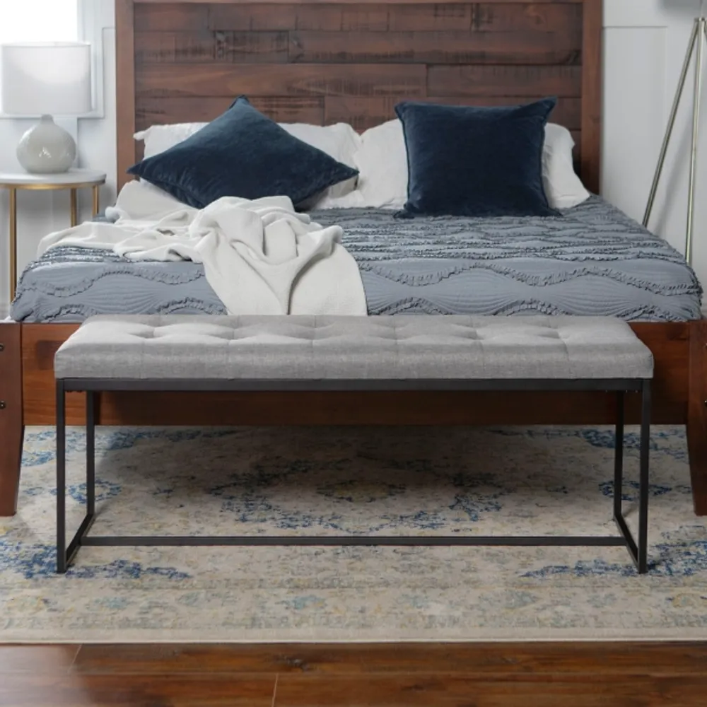 Kirkland's Gray Linen Tufted Bench with Metal Base | Hamilton Place