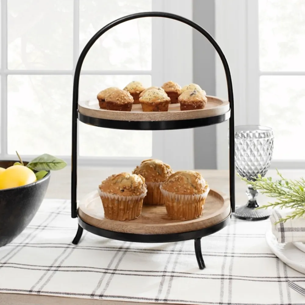 Kirklands Black Metal and Natural Wood 2-Tier Server | Hamilton Place