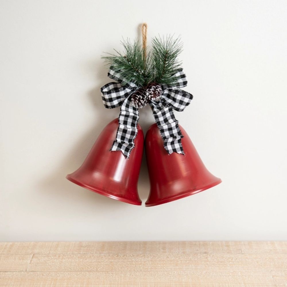 Kirklands Red Metal Dual Bells with Greenery | Hamilton Place