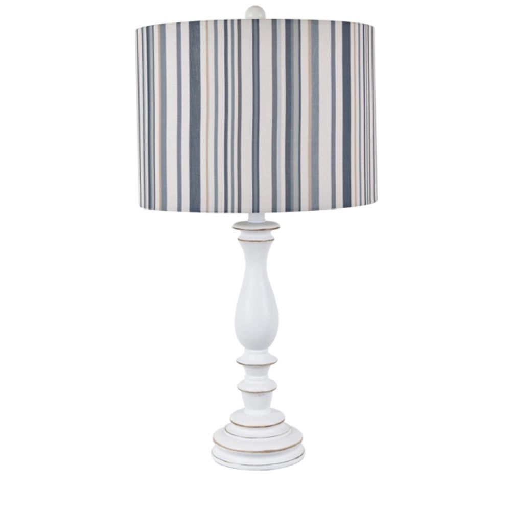 Kirklands White Resin Table Lamp with Blue Stripe Shade | Hamilton Place