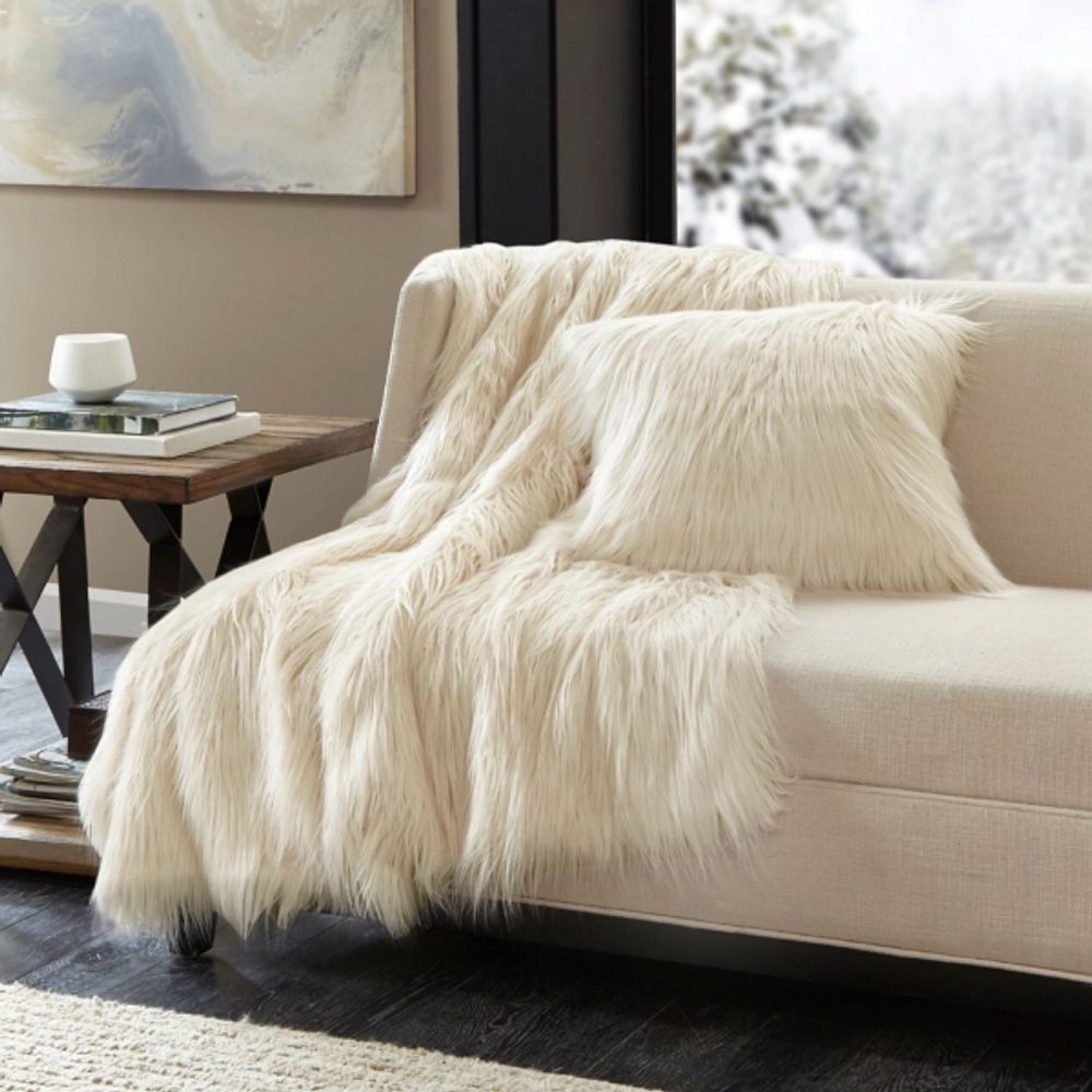 Kirklands Cream Faux Mink Fluffy Throw | Hamilton Place