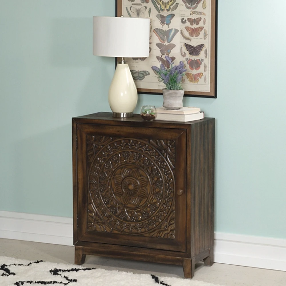 Kirklands Dark Chestnut Medallion Carved Cabinet | Hamilton Place