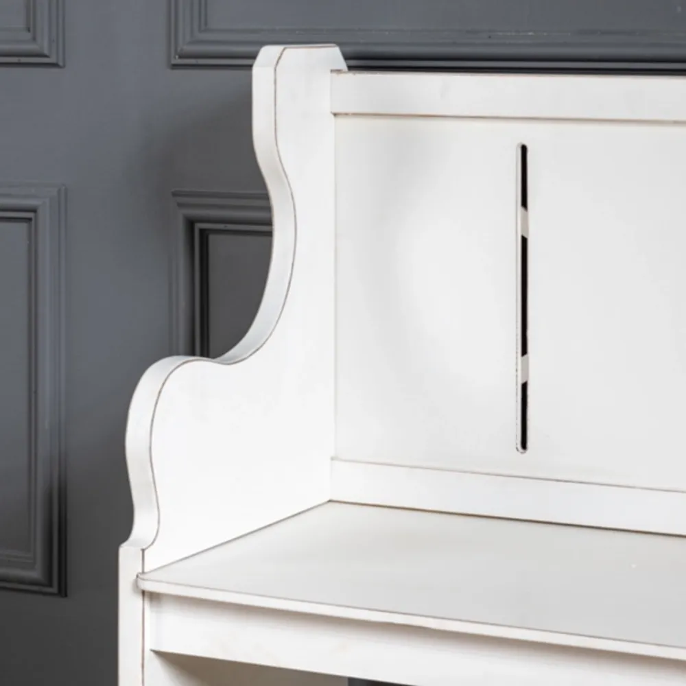 Kirklands White Carved Wood Pew Bench at Hamilton Place in Chattanooga, TN