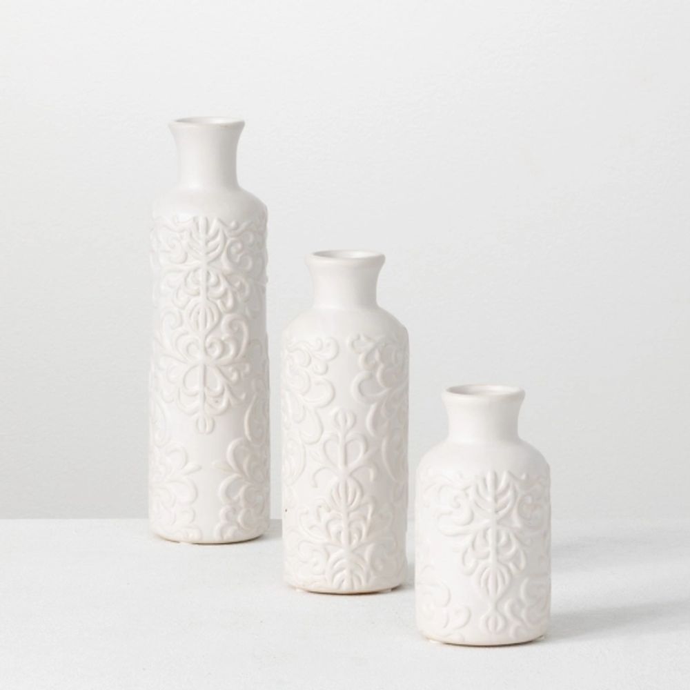 Kirklands White Embossed Scrolling 3-pc. Vase Set | Hamilton Place