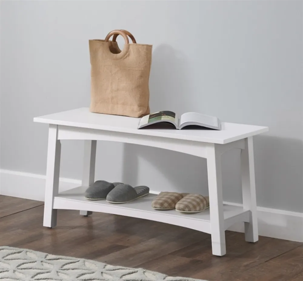 Kirklands Willis White Wooden Lower Shelf Bench | Hamilton Place