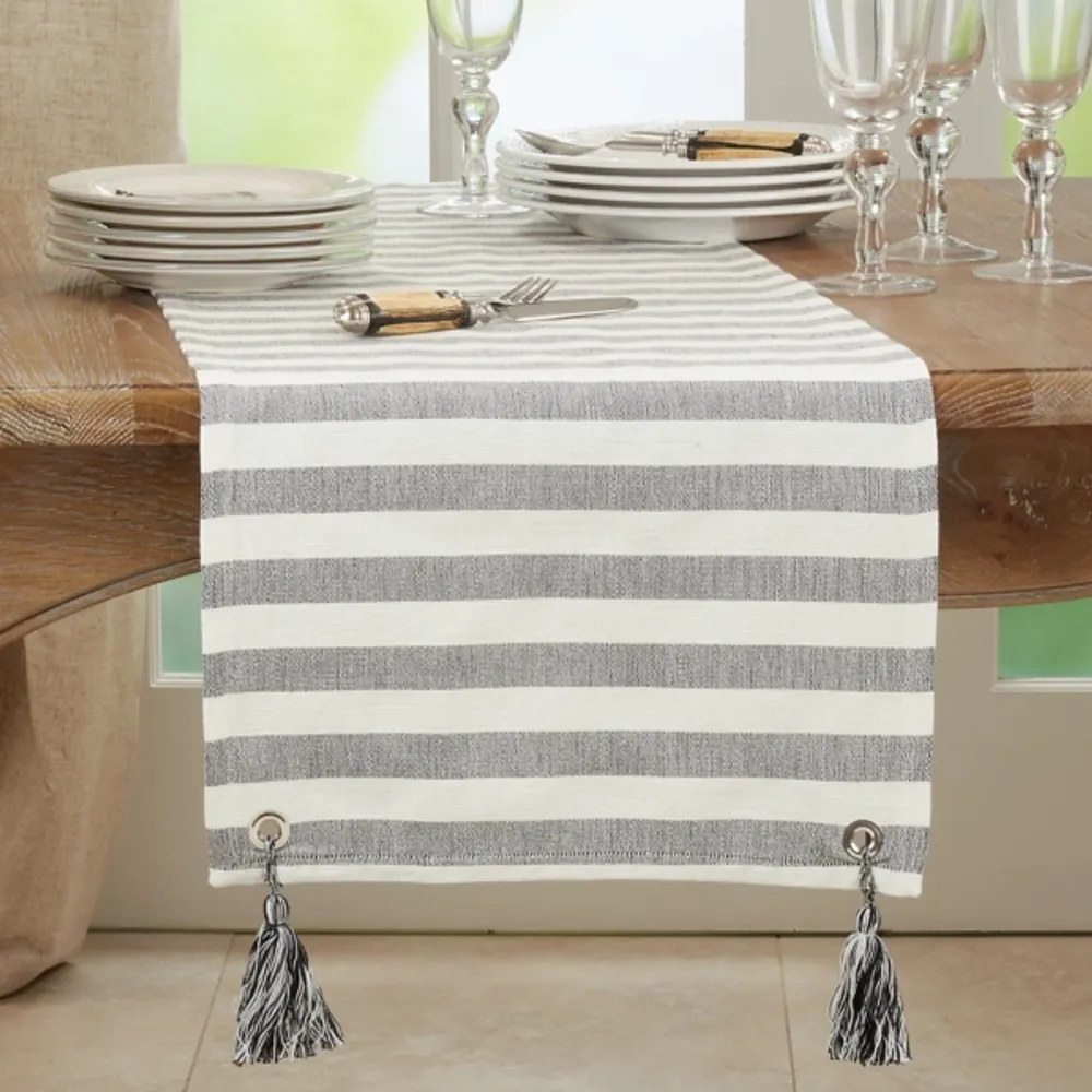 Kirklands Black and White Rustic Stripe Tassel Table Runner | Hamilton ...