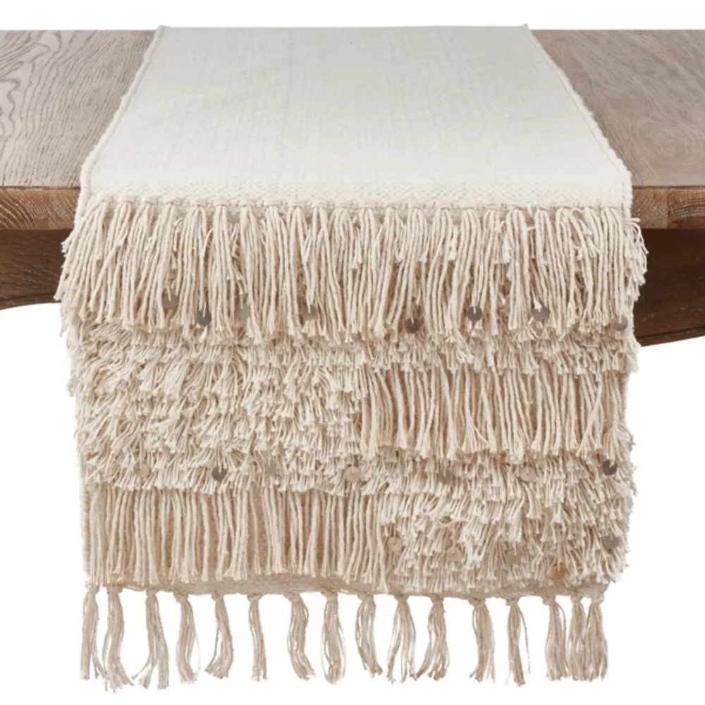 Kirklands Gray Sequin Fringe Cotton Table Runner | Hamilton Place