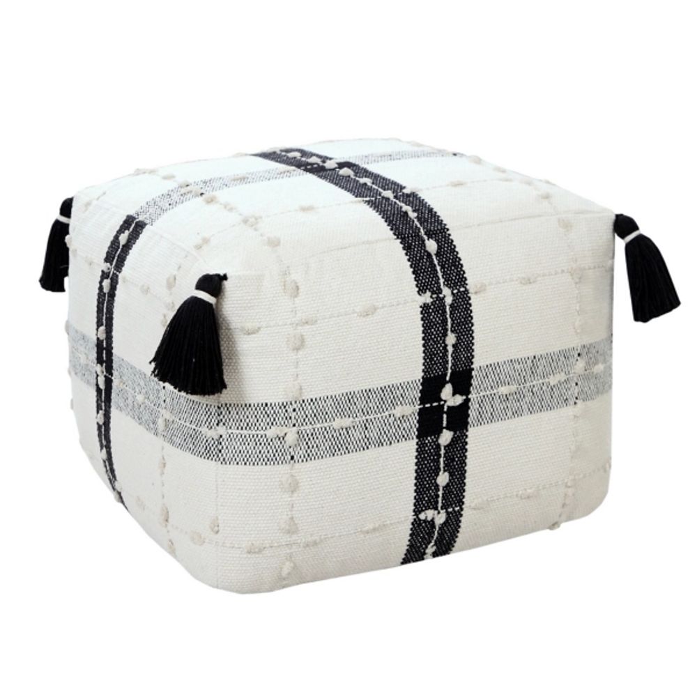 Kirklands Black and Ivory Textured Plaid Pouf | Hamilton Place
