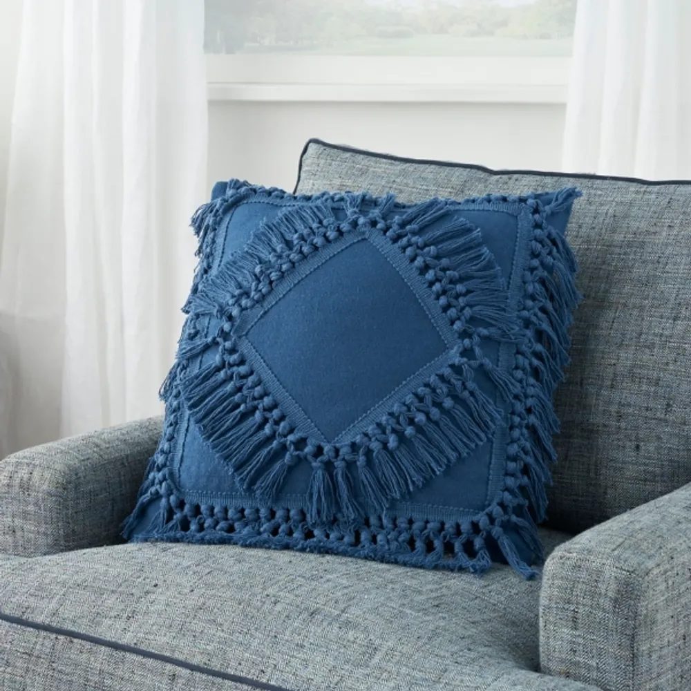 Kirklands Royal Blue Diamond Fringe Throw Pillow | Hamilton Place