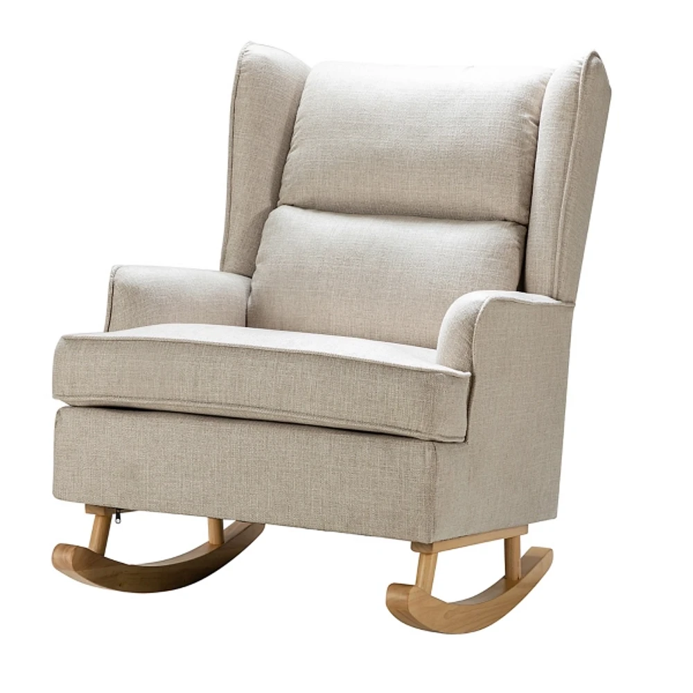 Kirklands Taupe Upholstered Natural Base Wingback Rocker | Hamilton Place