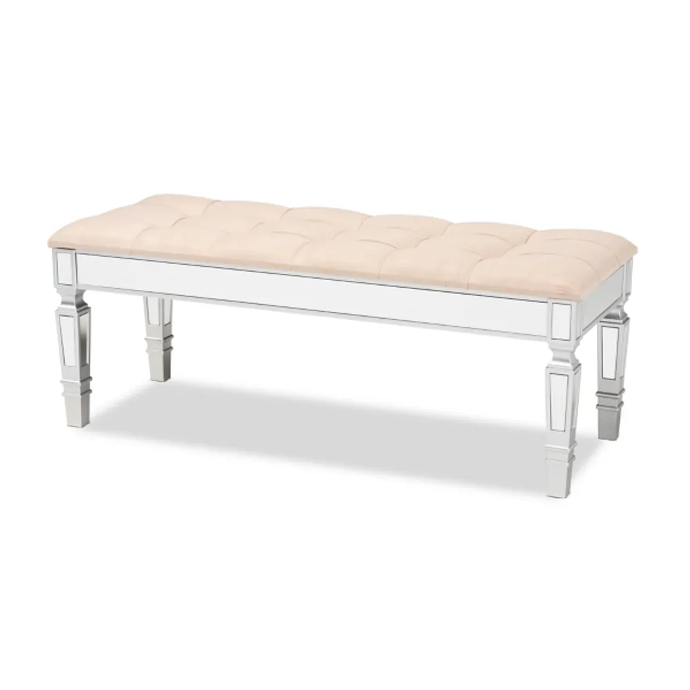 Kirkland's Beige Button Tufted Bench with Mirrored Base | Hamilton Place