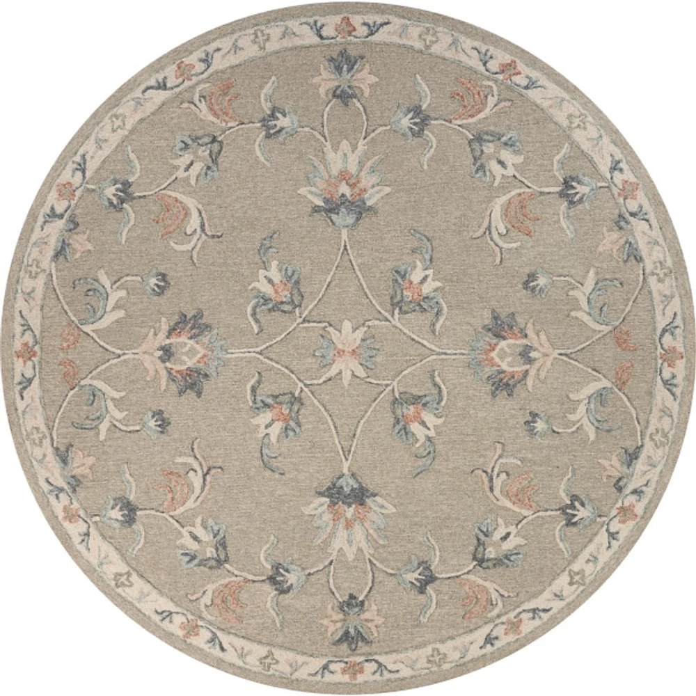 Kirklands Round Gray Traditional Floral Area Rug, 4x4 | Hamilton Place