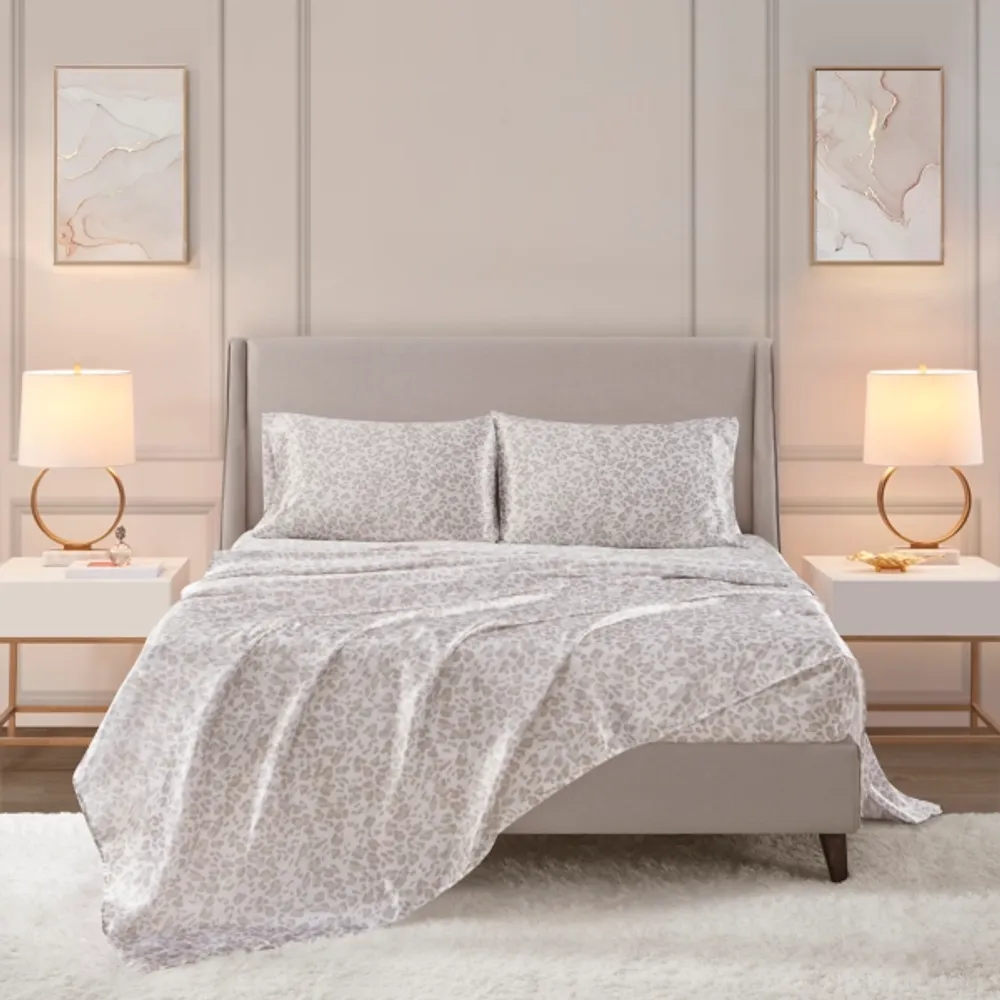 Kirklands Taupe Leopard Print Satin 4-pc. King Sheet Set | Hamilton Place